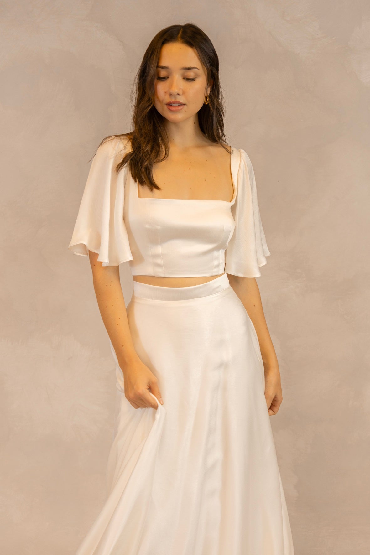 Mavis Top | Square-Neck Satin Bridal Crop with Sleeves